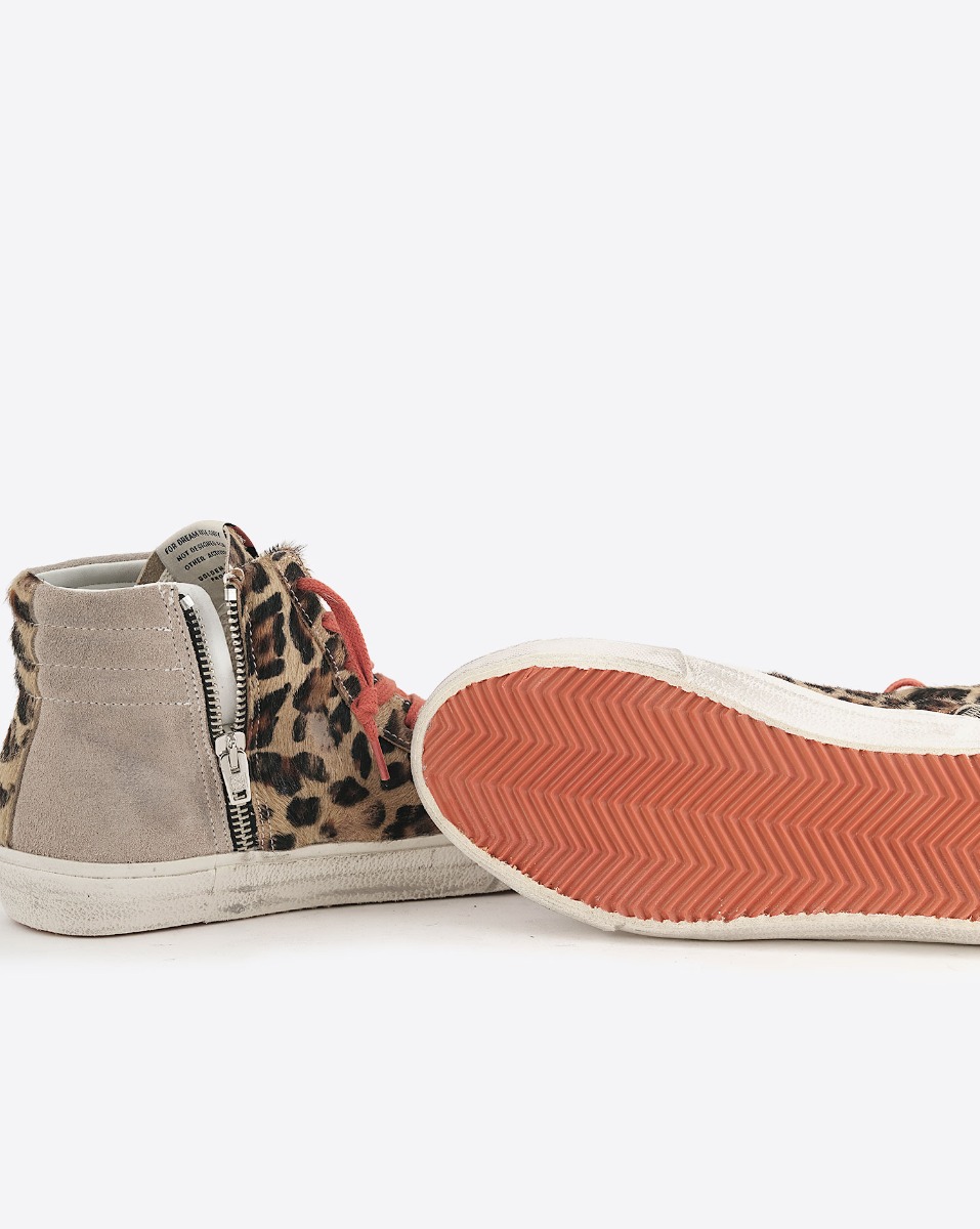 Sneakers Golden Goose Slide femme | Cuir suédé taupe et pony léopard