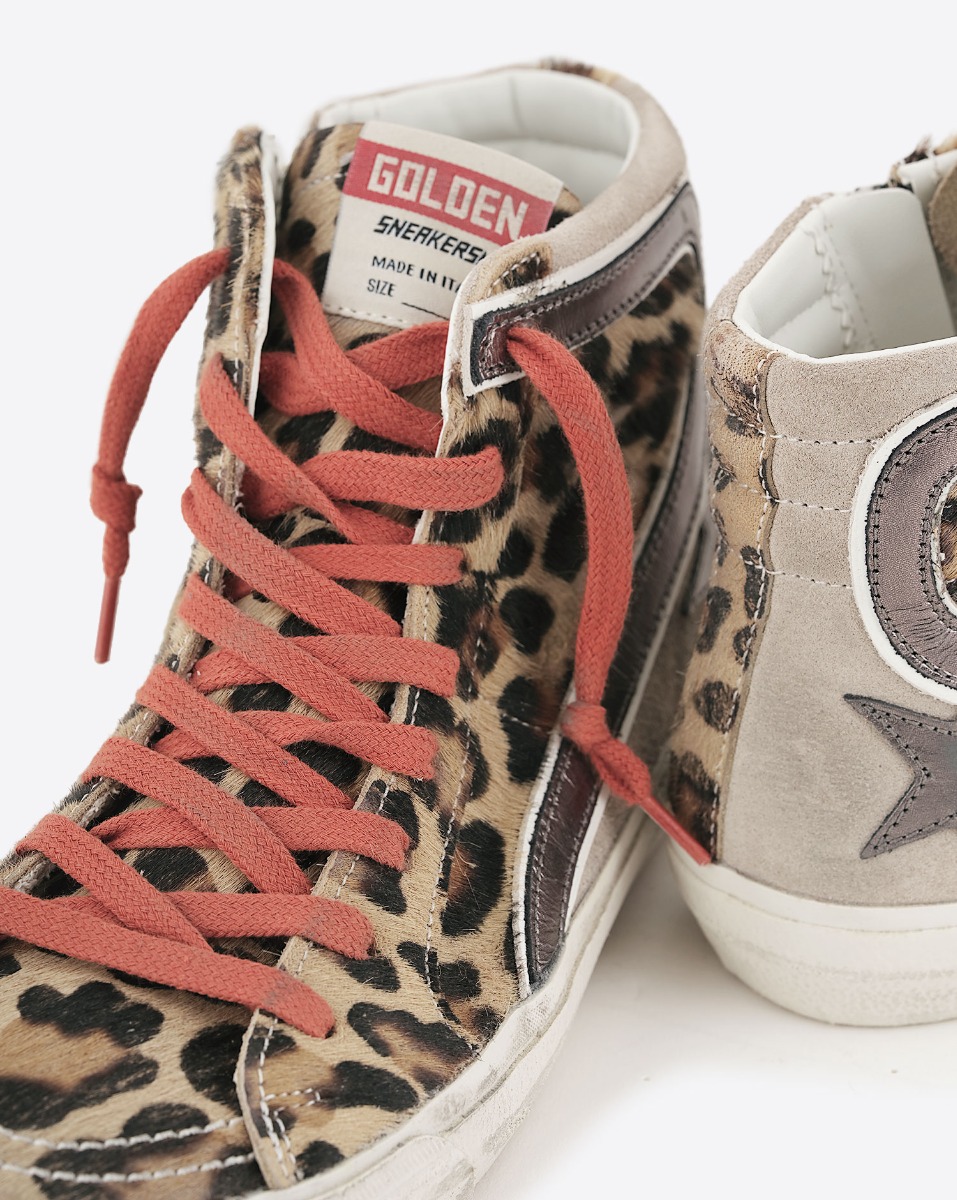 Sneakers Golden Goose Slide femme | Cuir suédé taupe et pony léopard